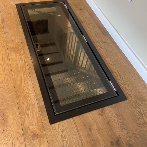 Custom Hinged Glass Wine Cellar Door | UK Trap Hatch - Dio-Met