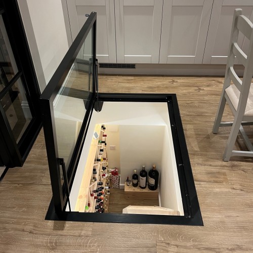 Custom Hinged Glass Wine Cellar Door | UK Trap Hatch - Dio-Met