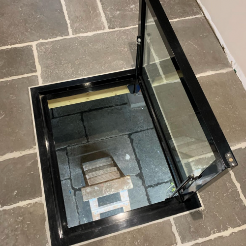 Custom Hinged Glass Wine Cellar Door | UK Trap Hatch - Dio-Met