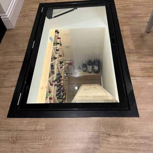 Custom Hinged Glass Wine Cellar Door | UK Trap Hatch - Dio-Met